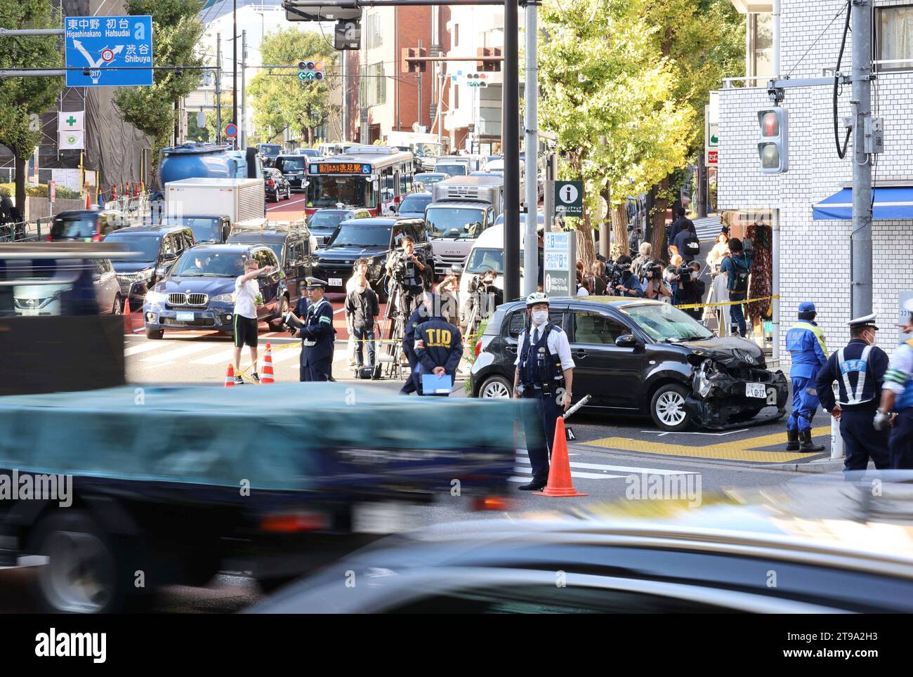 A photo shows an accident scene where a car collided with a guardrail ...