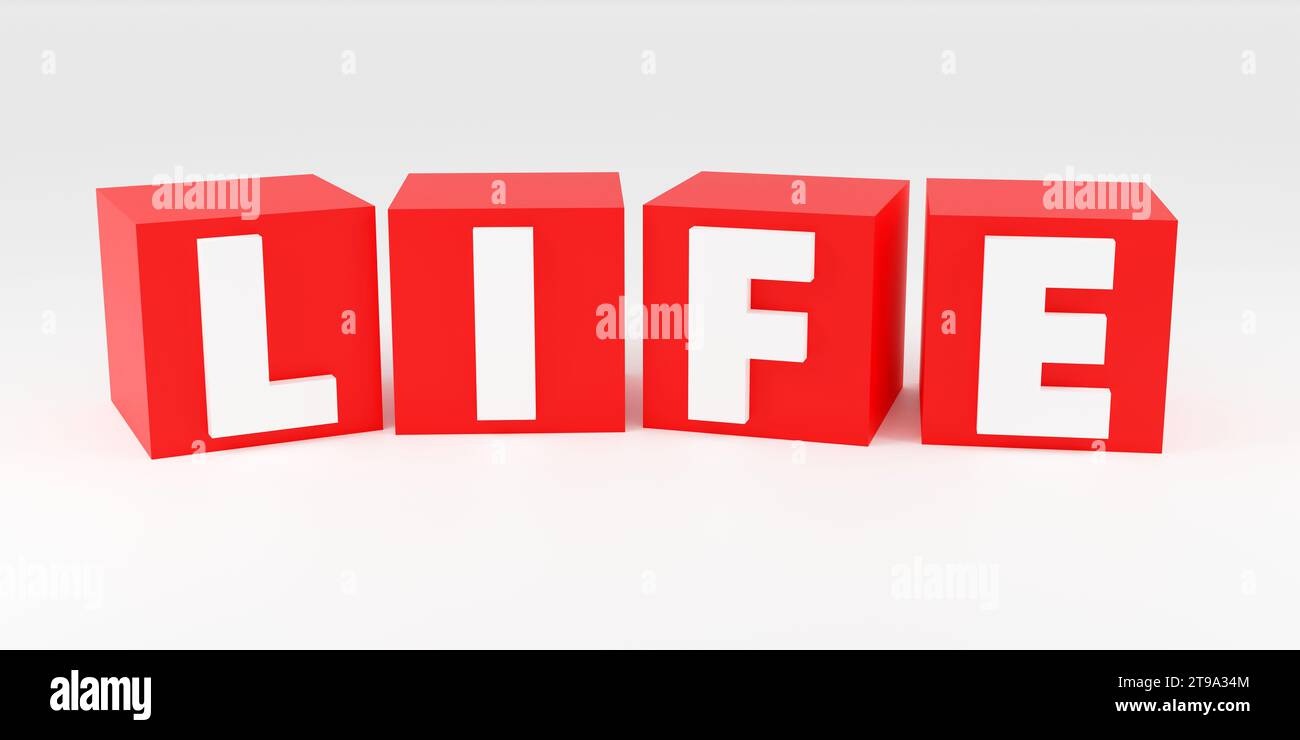 3d render sign life on red cubes and light background. Simple ...