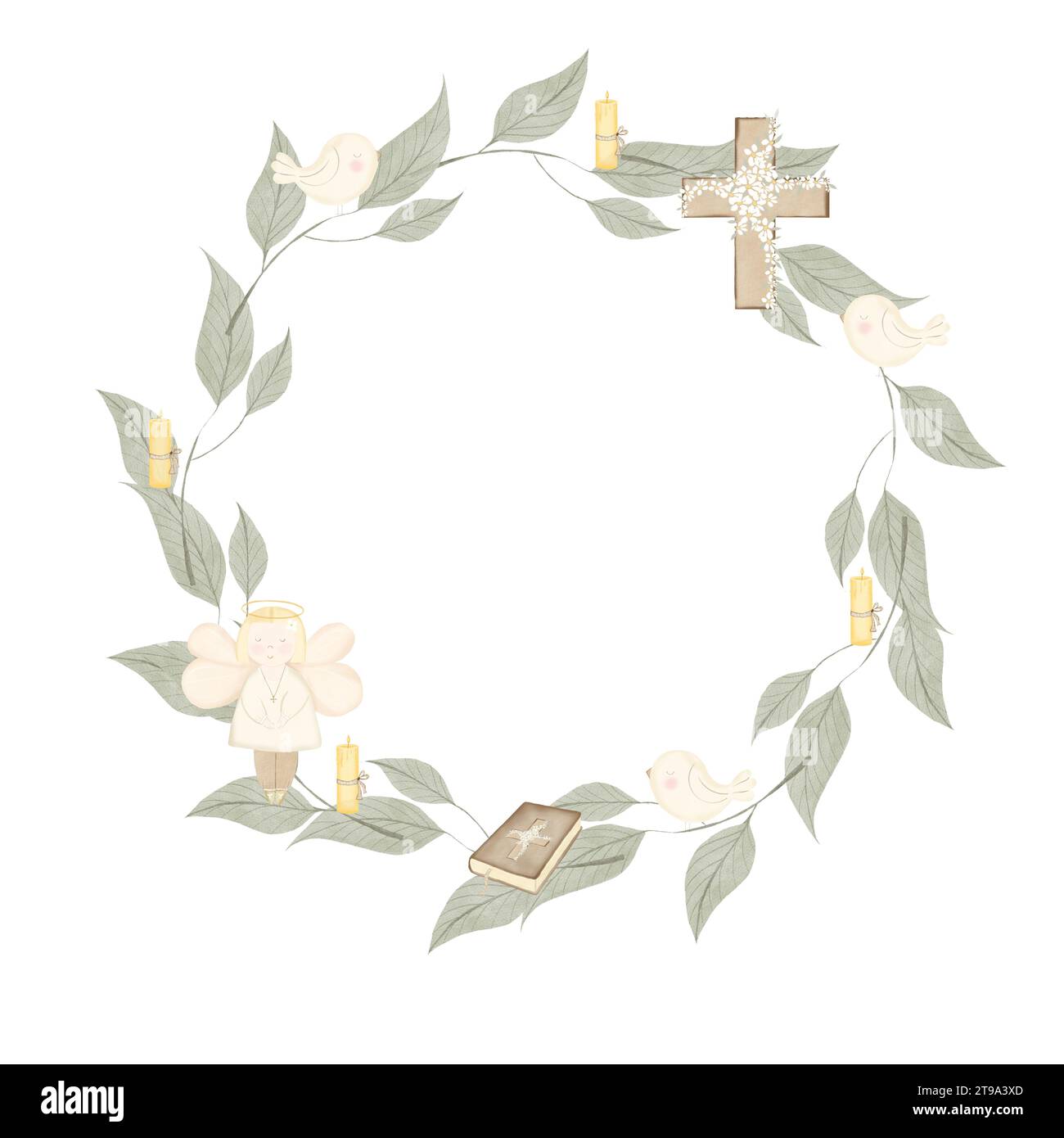 Round frame with an angel and branches with birds. Watercolor wreath ...