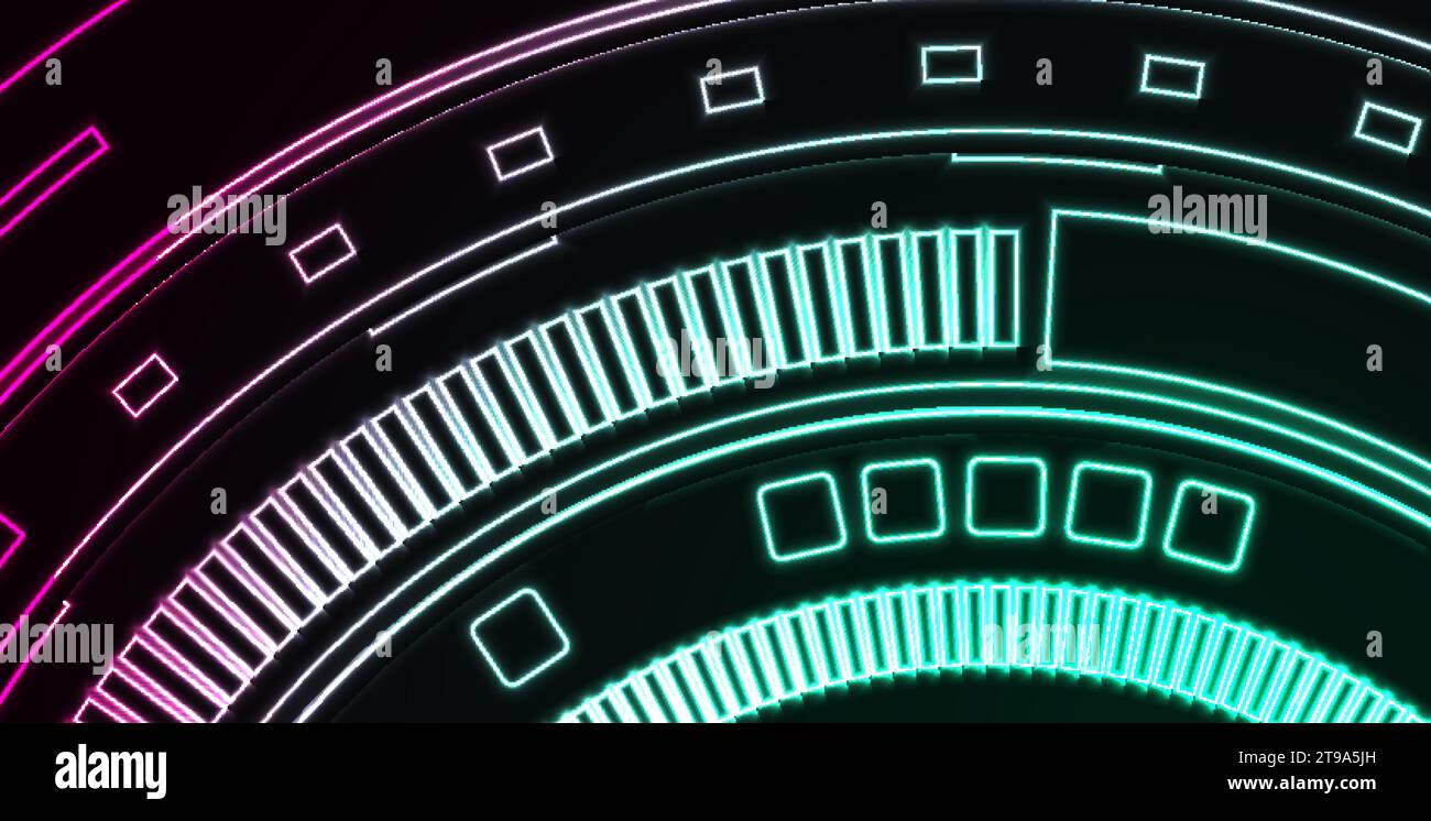 Turquoise and violet glowing neon HUD gear technology background ...