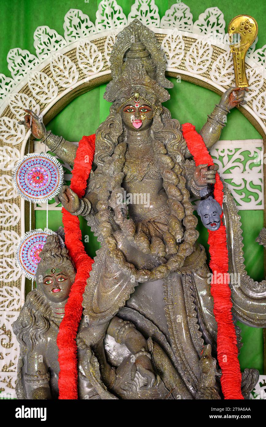 Idol of Goddess Maa Kali at a decorated puja pandal in Kolkata, West ...