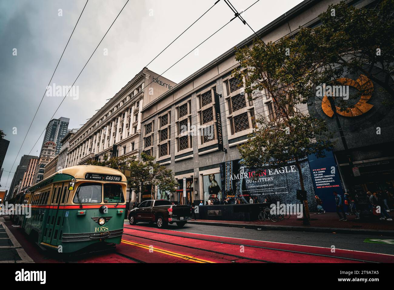 Green F Market Line Cable Car on the Streets of Downtown San Francisco ...
