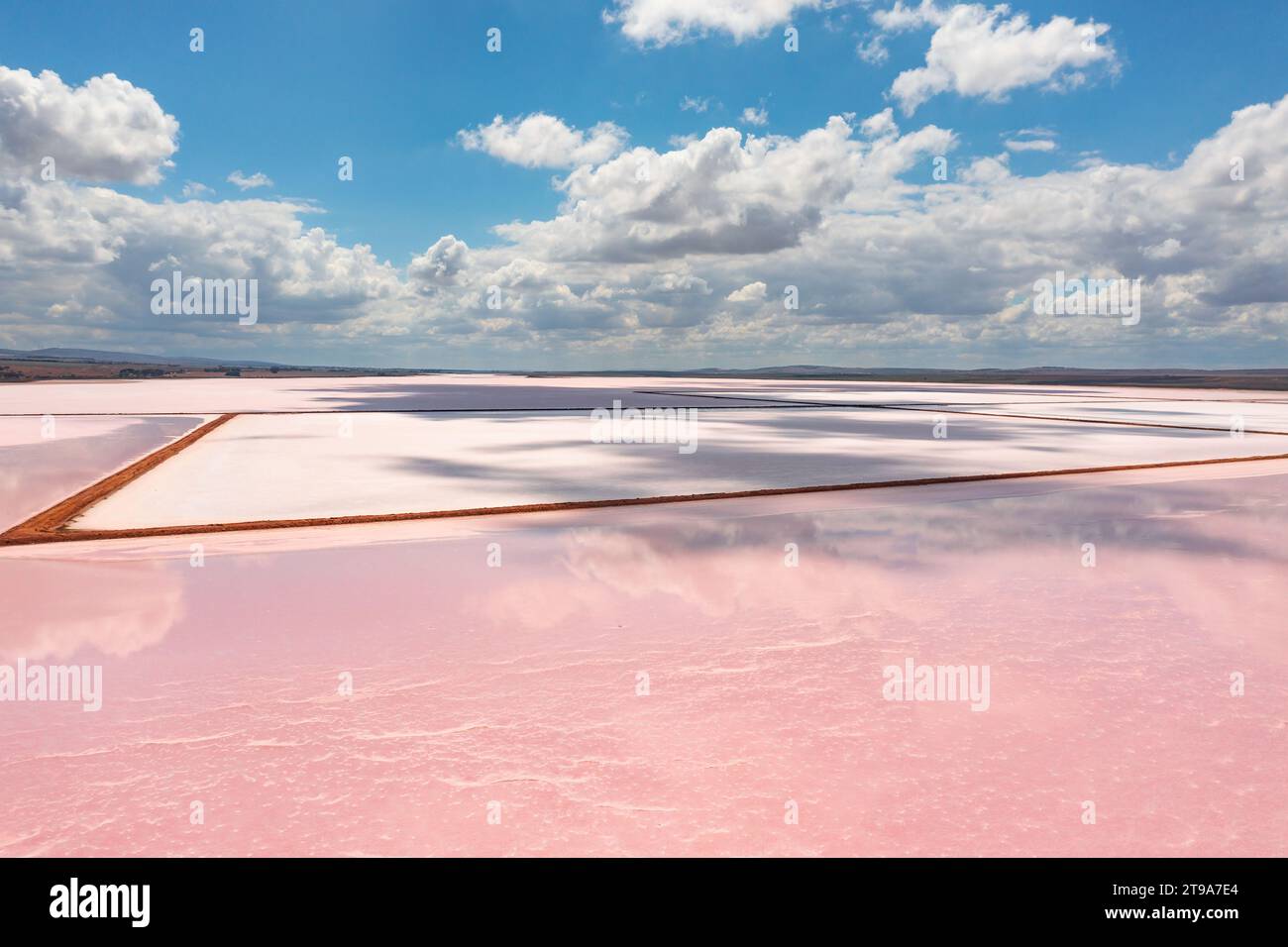 Aerial view over levee banks and the pink salt of Lake Bumbunga at ...