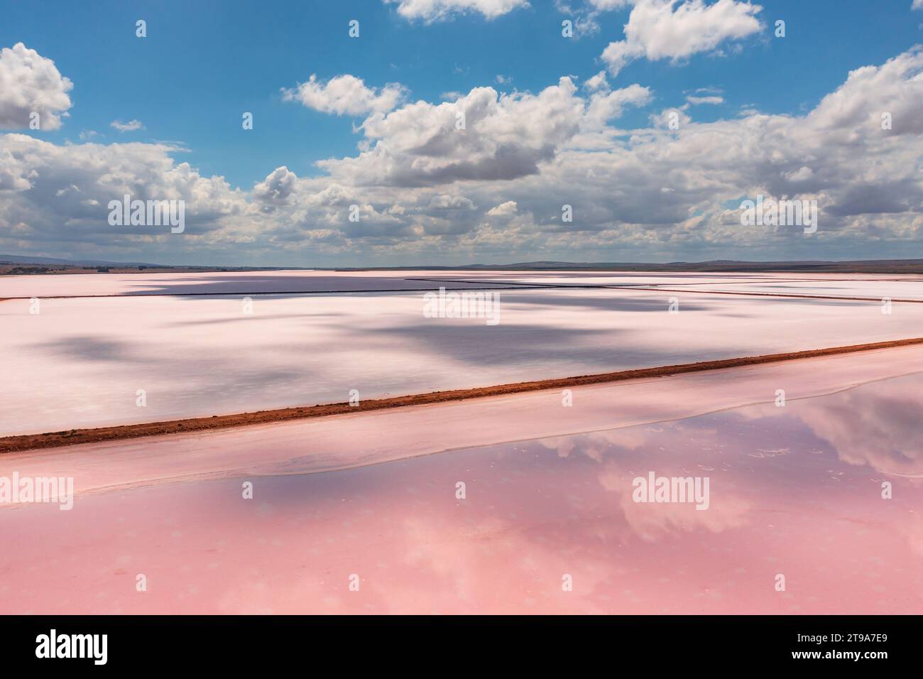 Aerial view over levee banks and the pink salt of Lake Bumbunga at ...