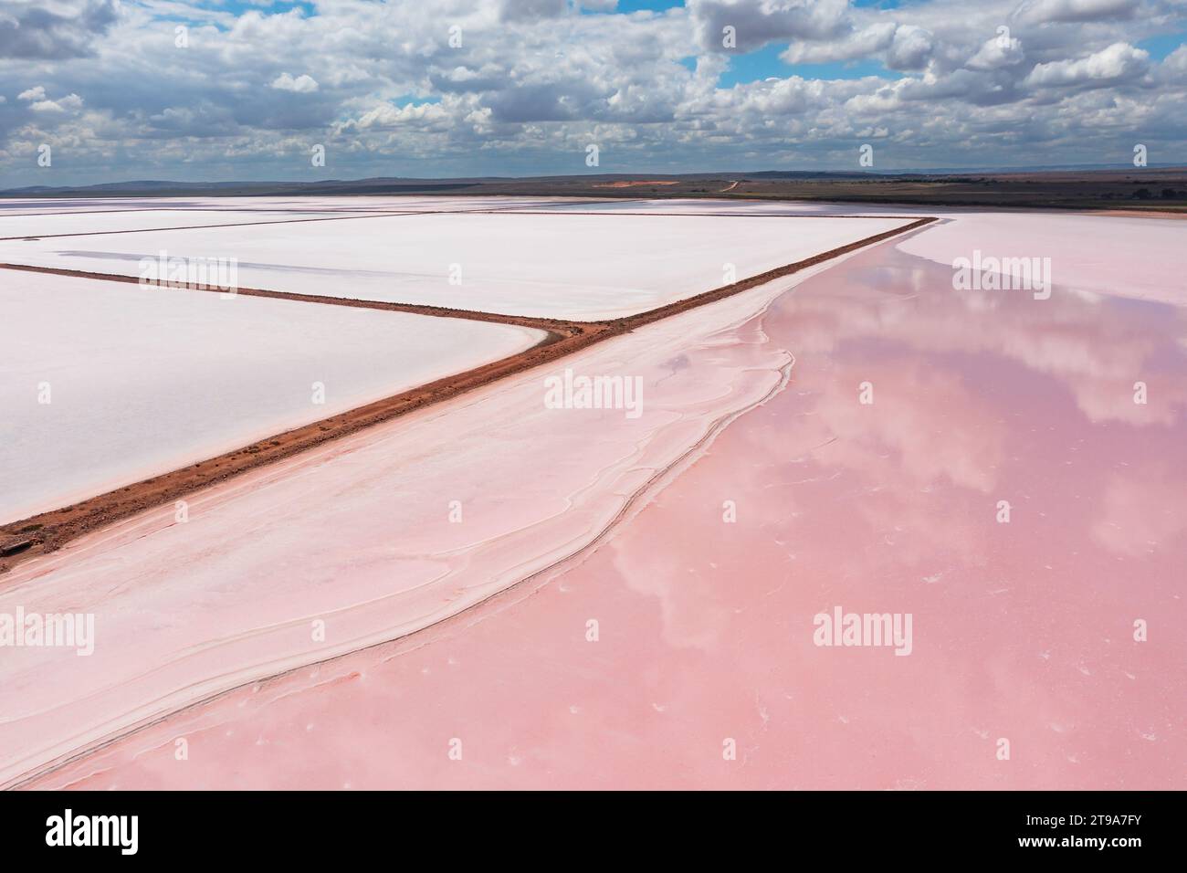 Aerial view over levee banks and the pink salt of Lake Bumbunga at ...