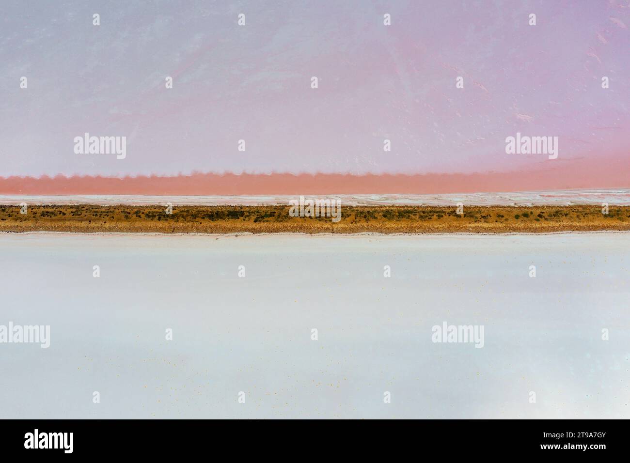 Aerial view of levee banks separating the pink salt of Lake Bumbunga at ...
