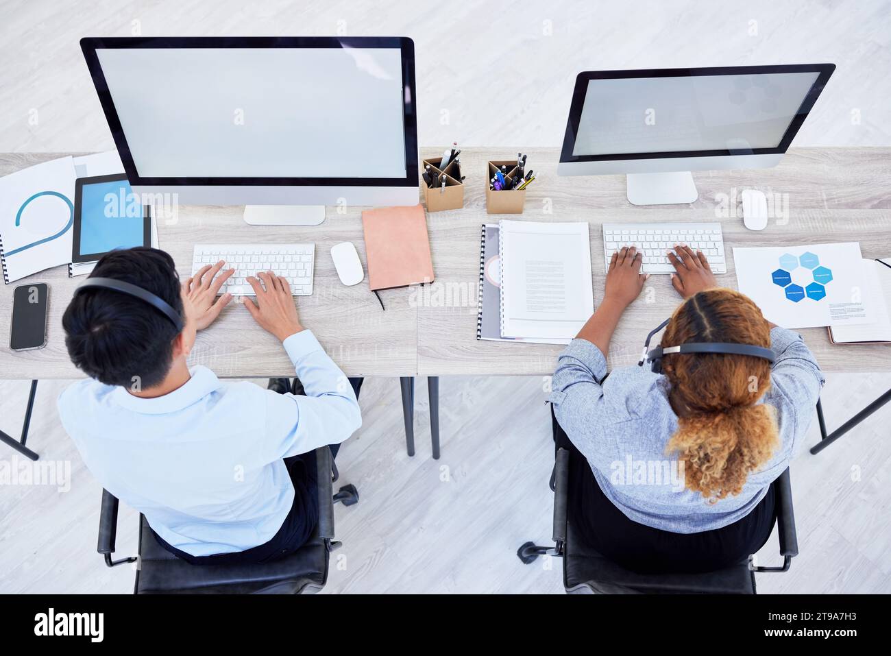 Call center, top view or business people with computer mockup for faq, crm or contact us in ...