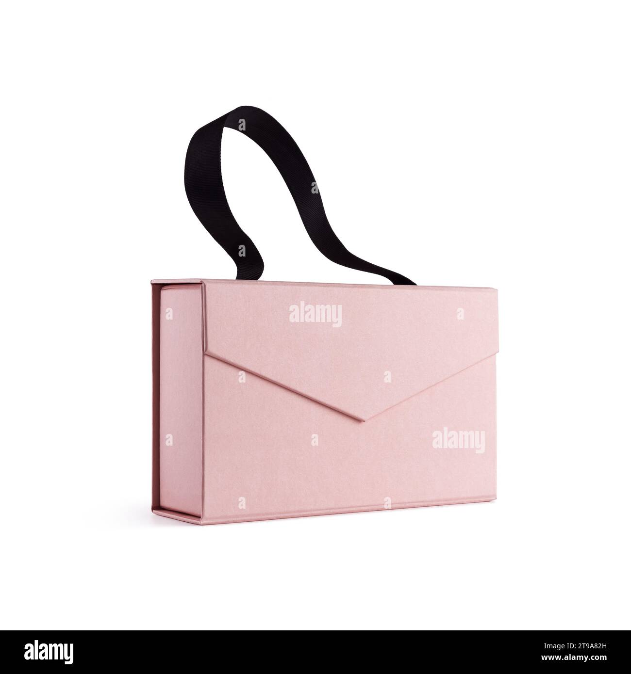 Pink cardboard box with black ribbon handle isolated on white ...