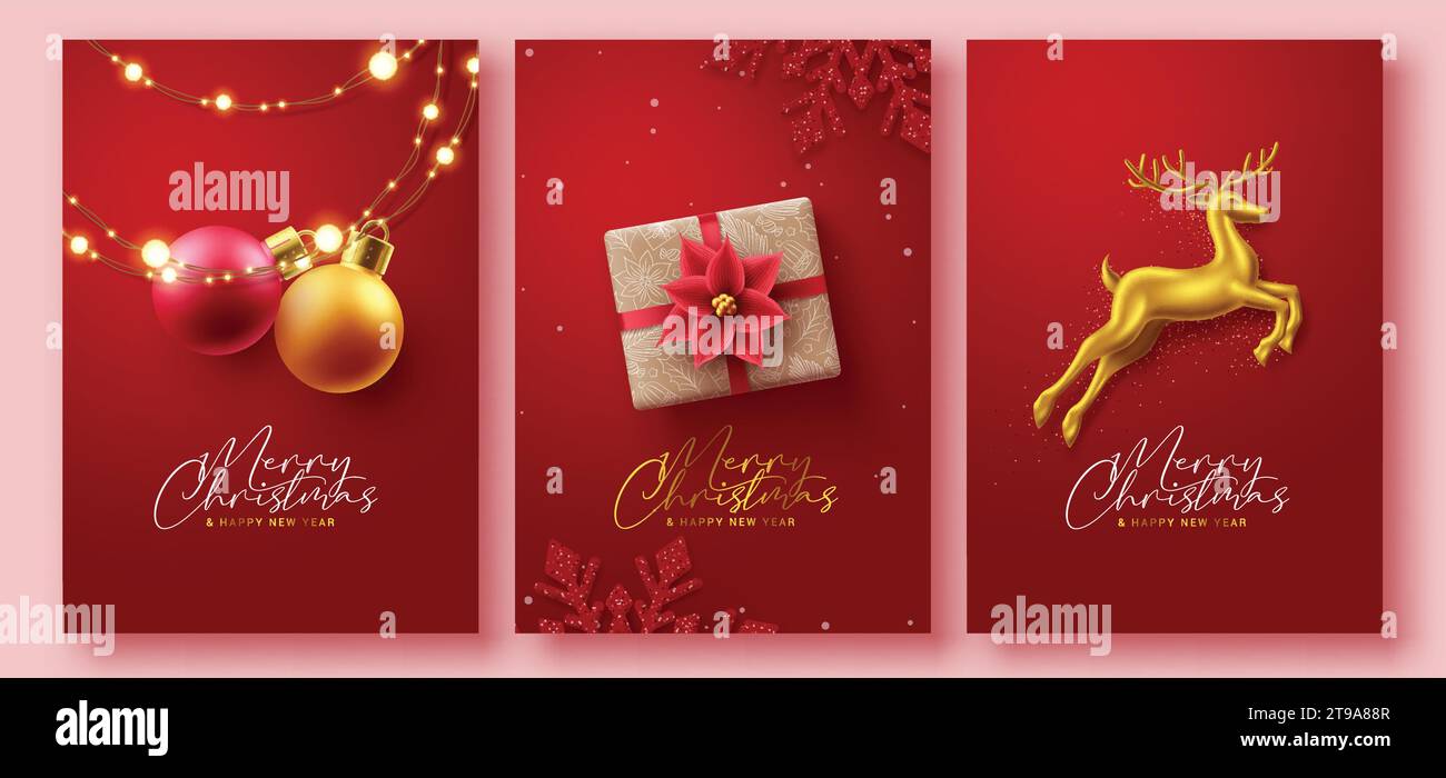 Christmas red greeting card vector poster set. Merry christmas and ...