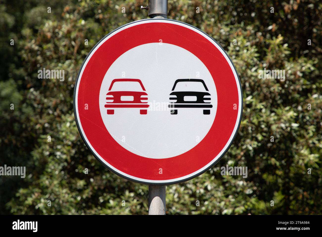 no overtaking sign for car in a secondary road in round white red panel ...