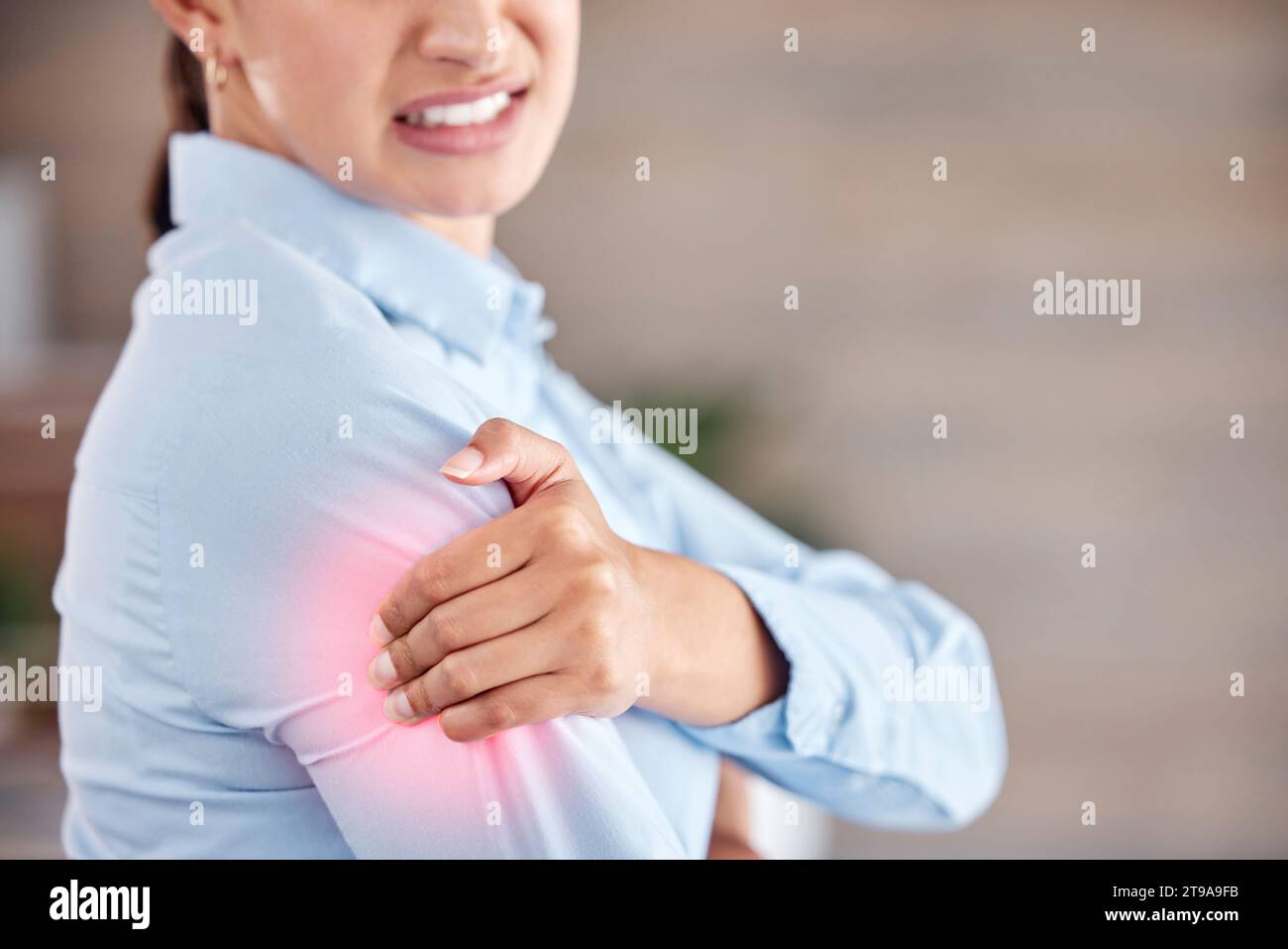 Business woman, shoulder pain and injury from accident, inflammation or ...
