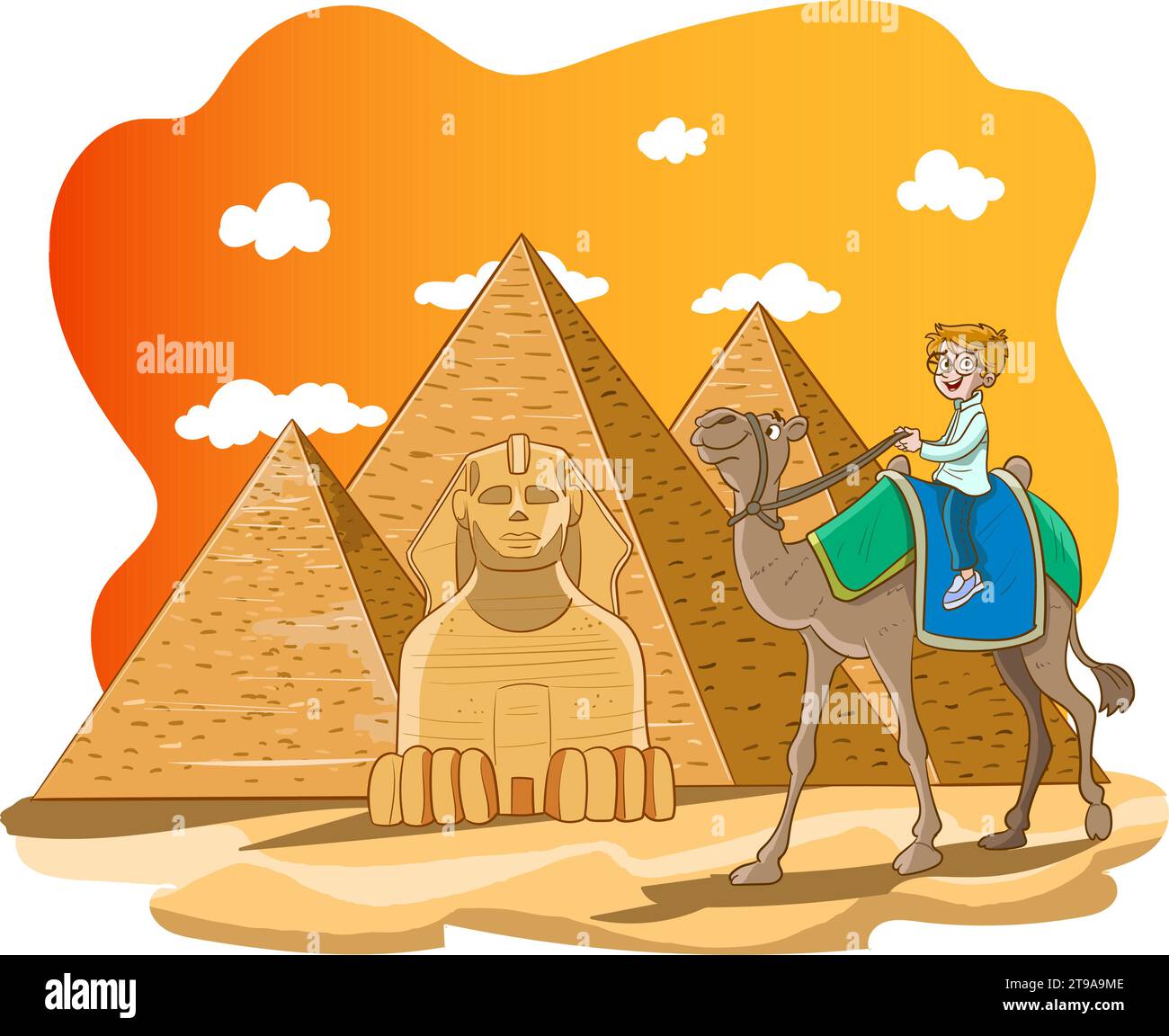 boy riding a camel around the pyramids in egypt.vector illustration ...