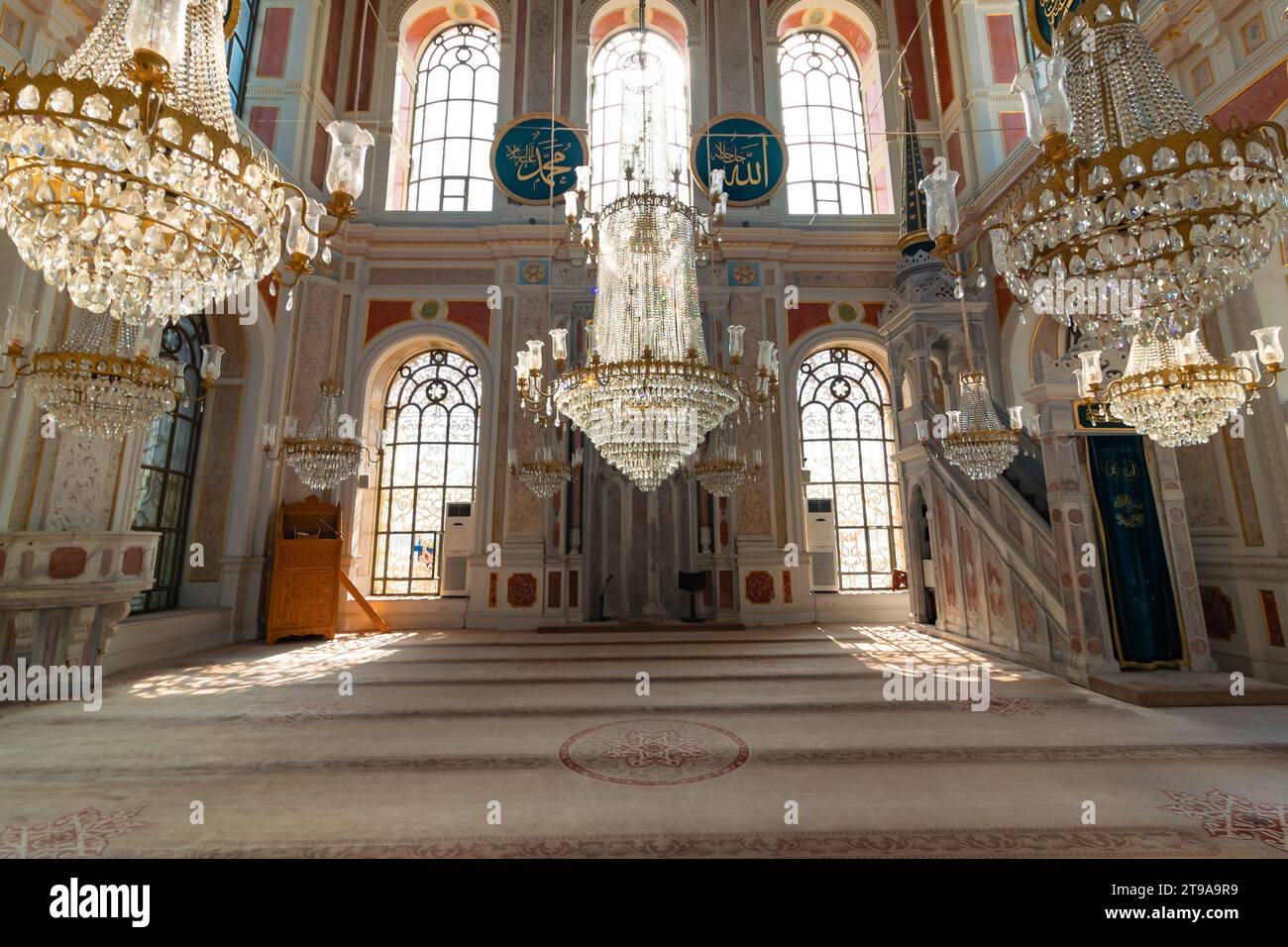 Ortakoy Mosque or Buyuk Mecidiye Mosque interior view. Islamic ...