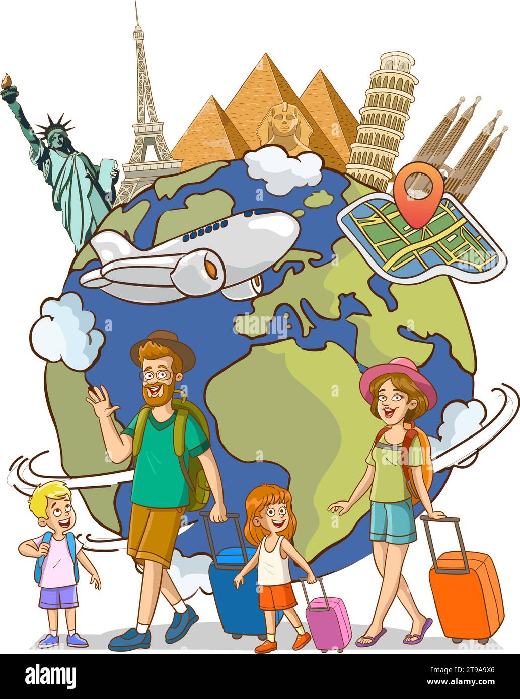 family vacations travel vector illustration.Plane flying over the world ...