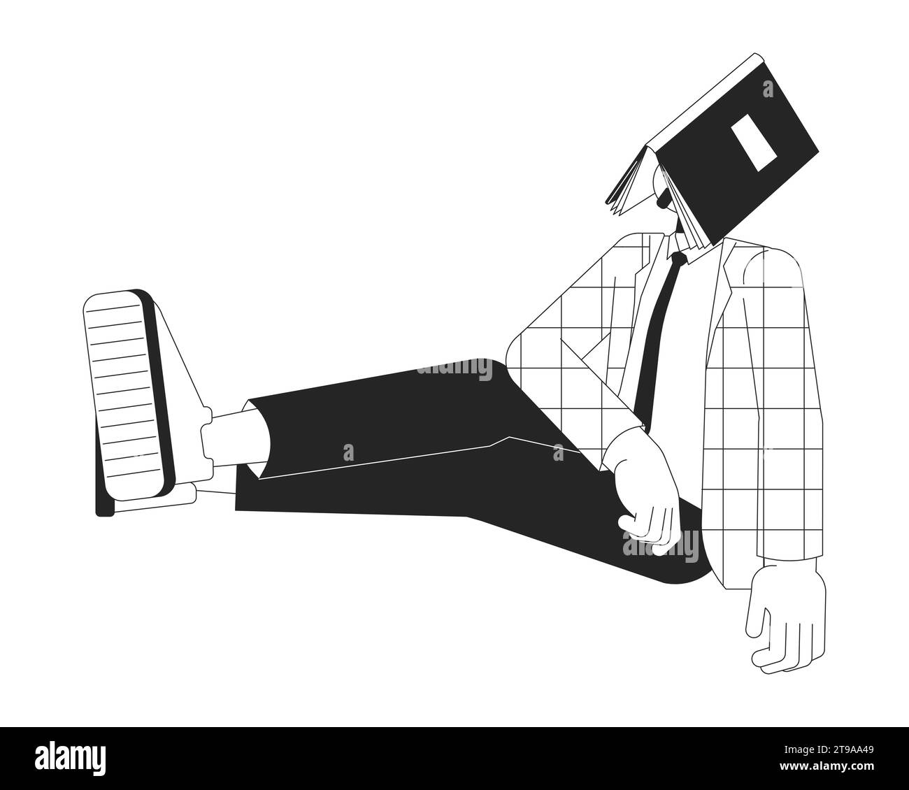 Office worker falling asleep with book on face black and white 2D line ...
