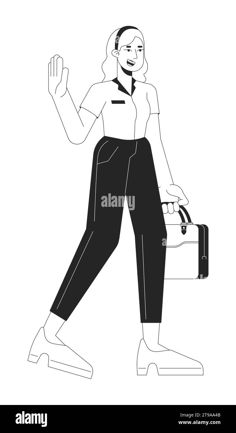 Happy office worker female leaving work black and white 2D line cartoon character Stock Vector ...