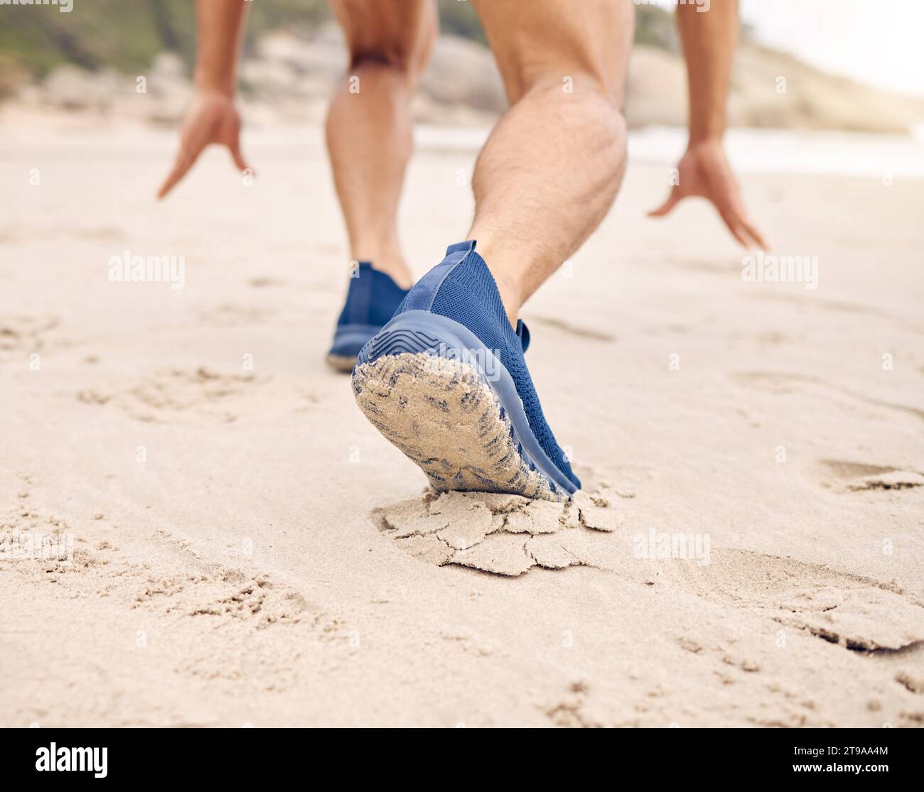 Feet, starting line and ready for run, beach and exercise and warm up ...