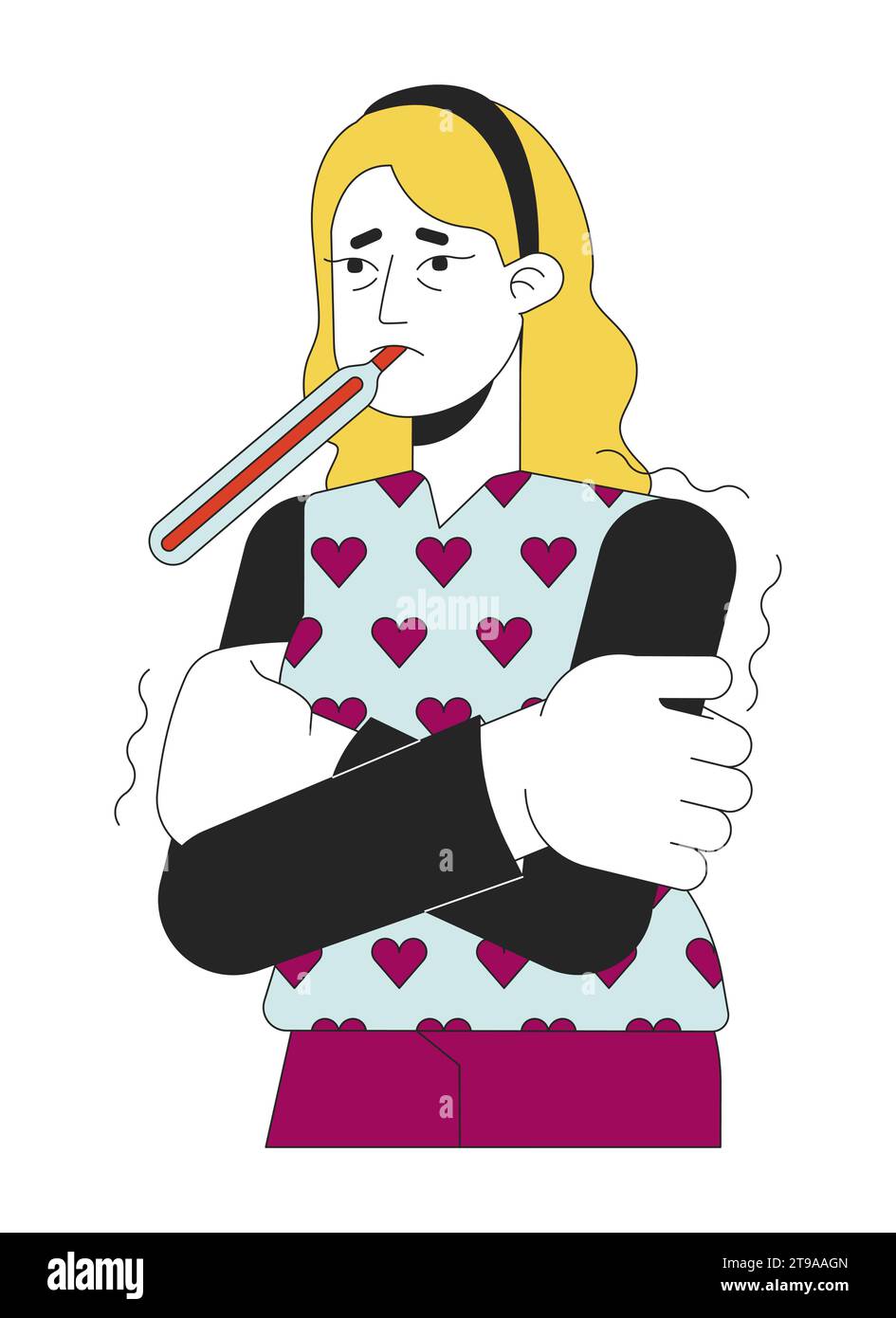 Suffering feverish caucasian woman with thermometer 2D linear cartoon ...