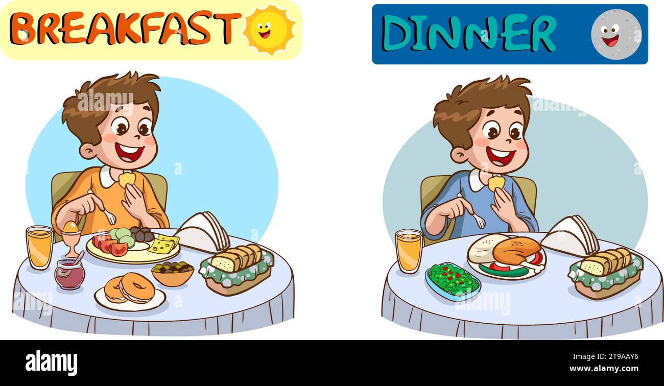 children having breakfast and dinner cartoon vector Stock Vector Image ...