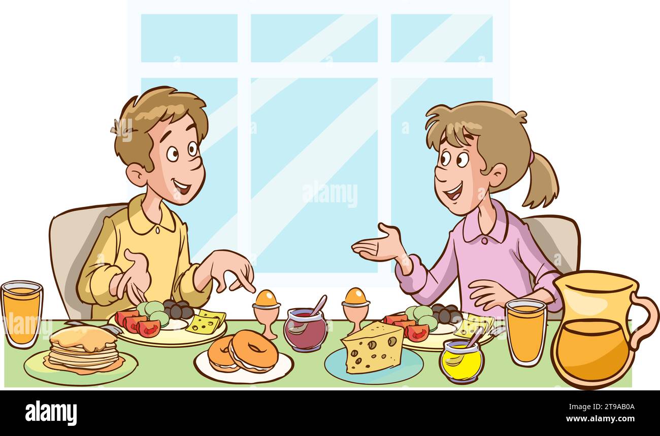 Happy kids having breakfast by themselves. Child nutrition concept. cartoon Vector illustration ...