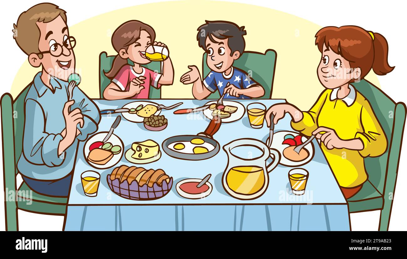cute family are eating at the dinner table they are having breakfast ...