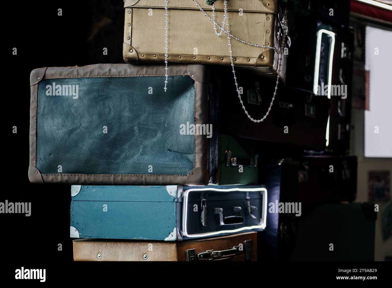 Pile of old vintage suitcases decorations. Retro baggage Stock Photo ...