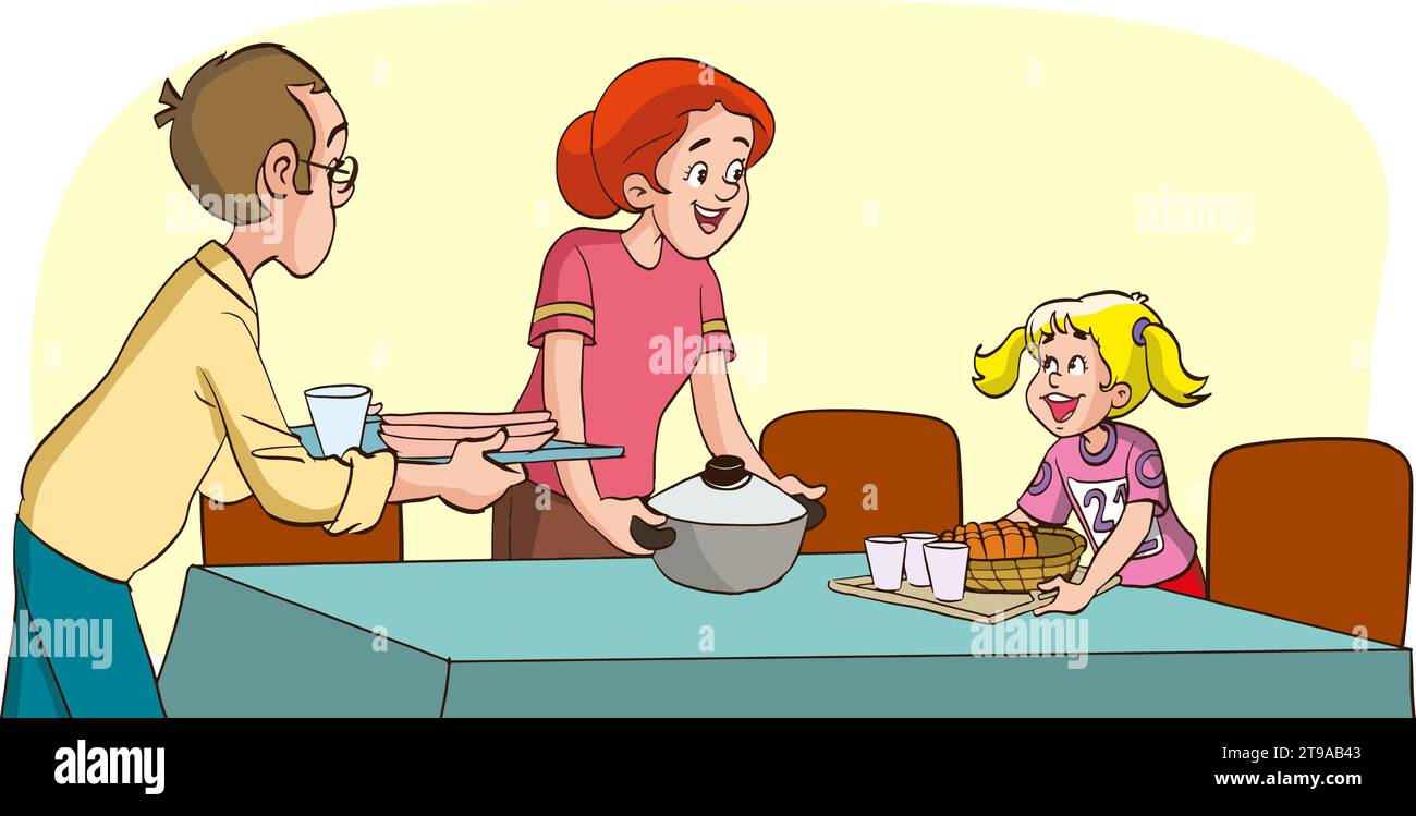 family gathers the dinner table together cartoon vector Stock Vector ...