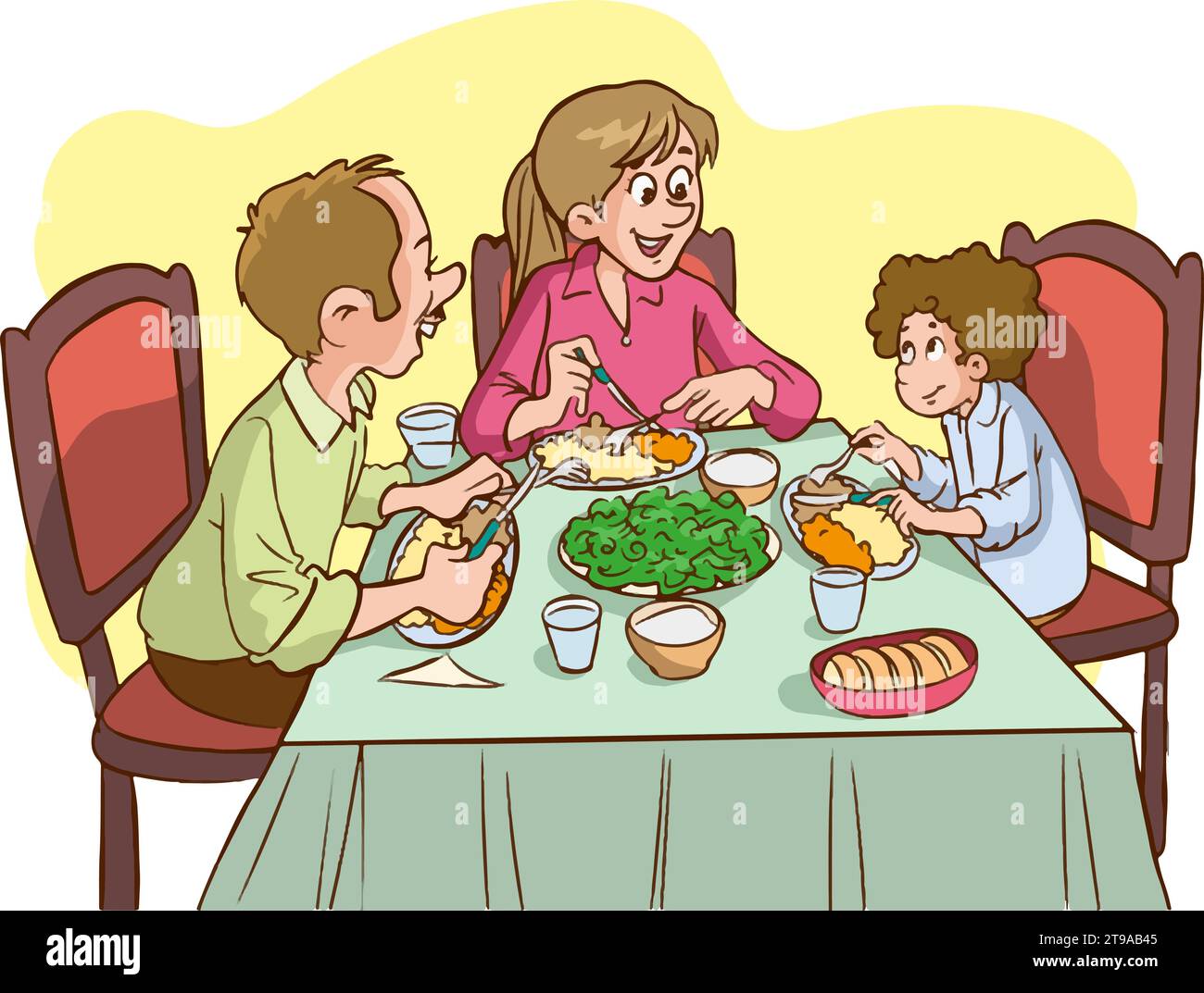 cute family are eating at the dinner table they are having breakfast cartoon vector Stock Vector ...