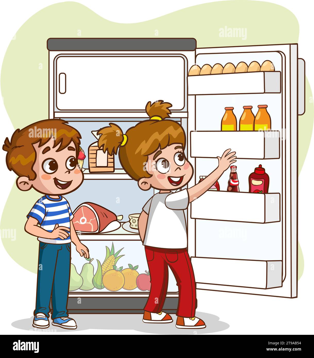 children taking food and drinks from the refrigerator Stock Vector ...