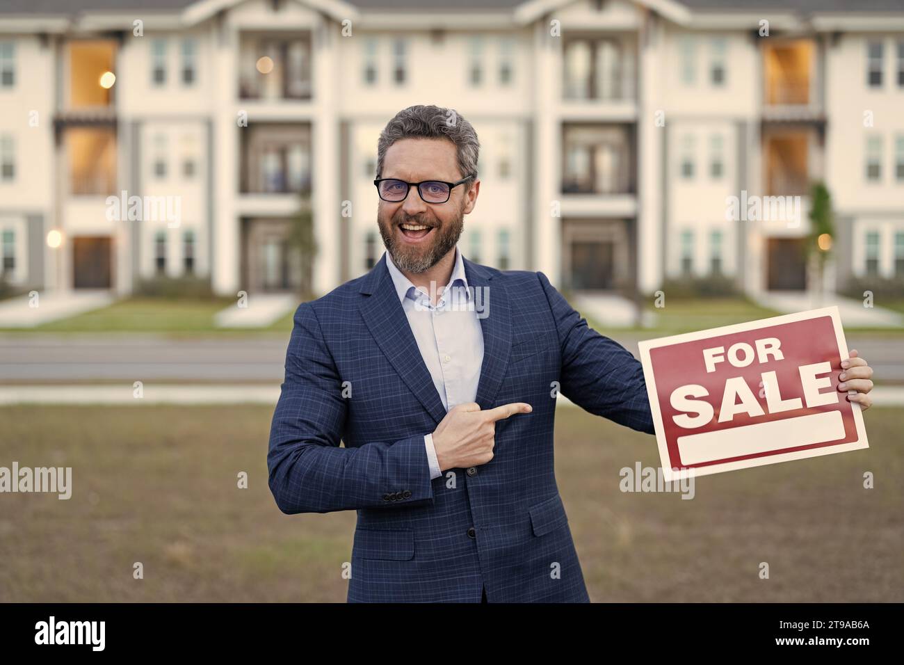 sale property by realtor outdoor, point finger. p realtor with for sale ...