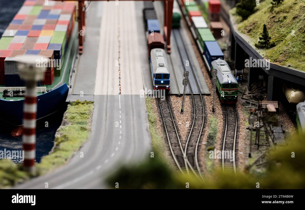 Miniature retro railway station. locomotive and layout with a station ...