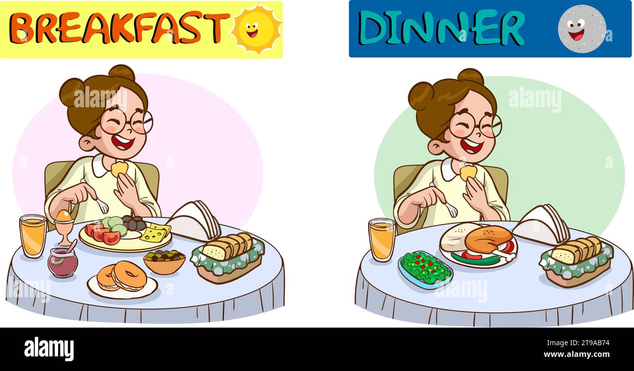 children having breakfast and dinner cartoon vector Stock Vector Image ...