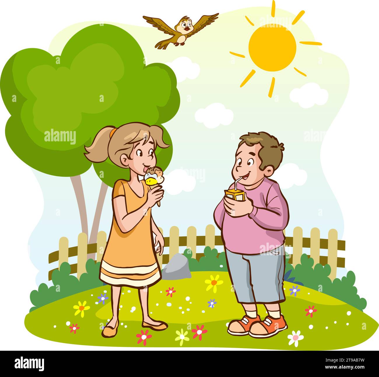 children eating ice cream and drinking water in sunny weather Stock ...