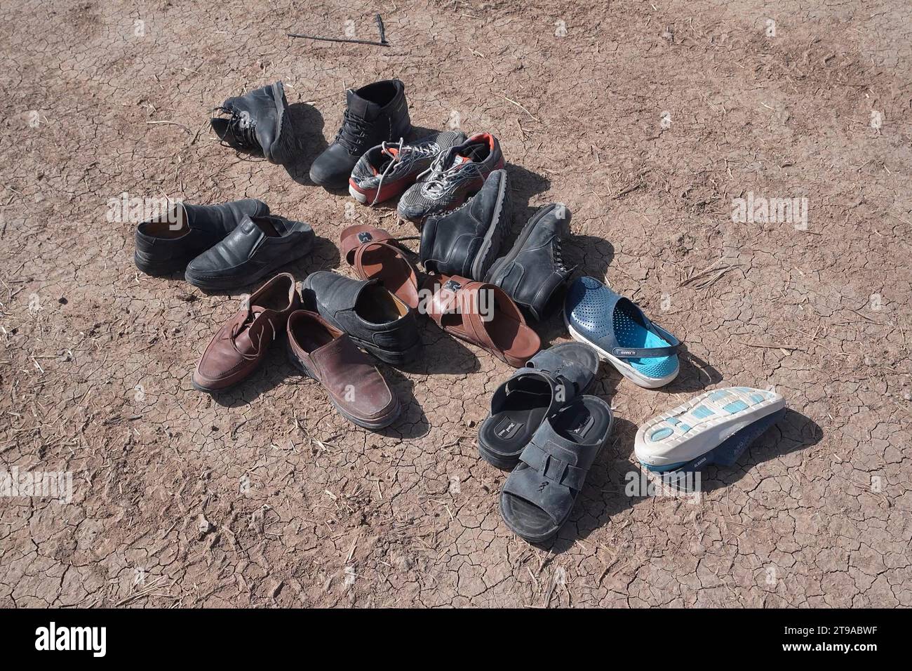 Shoes of detained Palestinians from the Gaza Strip stand near the ...
