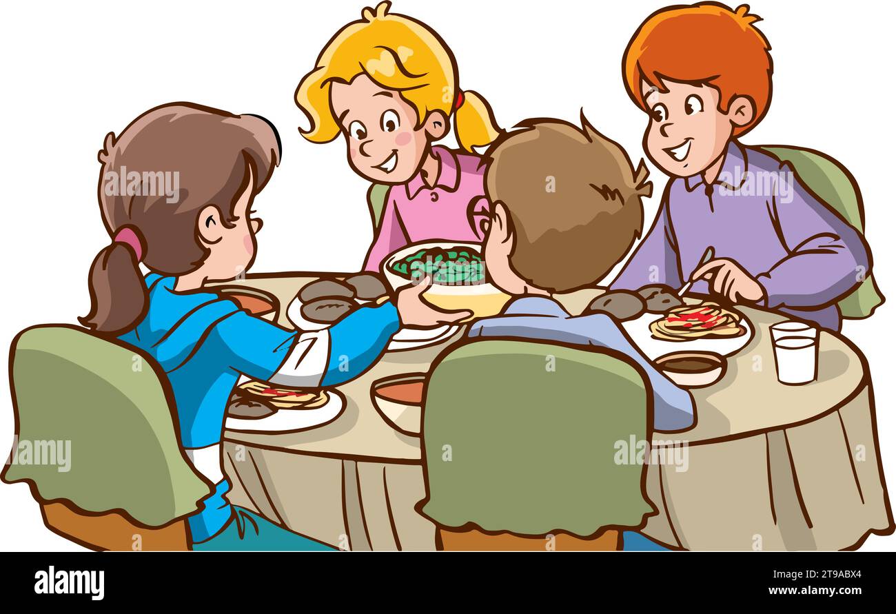 little cute kids eating together cartoon vector illustration Stock ...