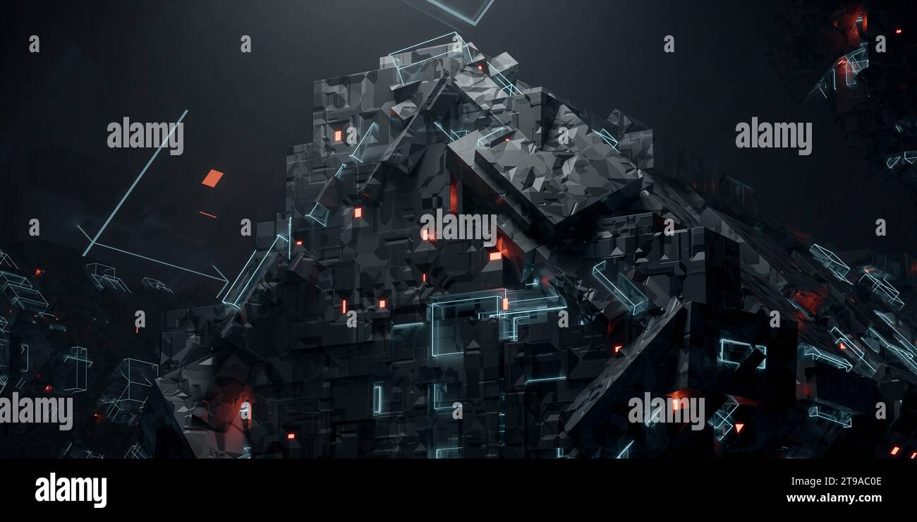 A futuristic building illuminated with vibrant red and blue lights 3d ...