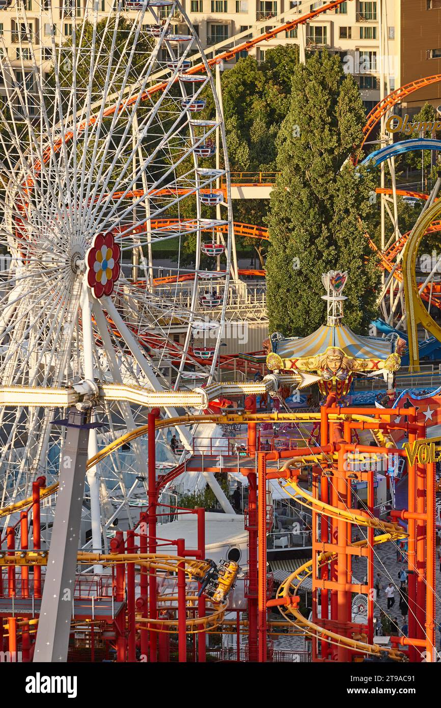 Amusement park in Vienna. Ferris wheel, roller coaster. Prater. Austria ...