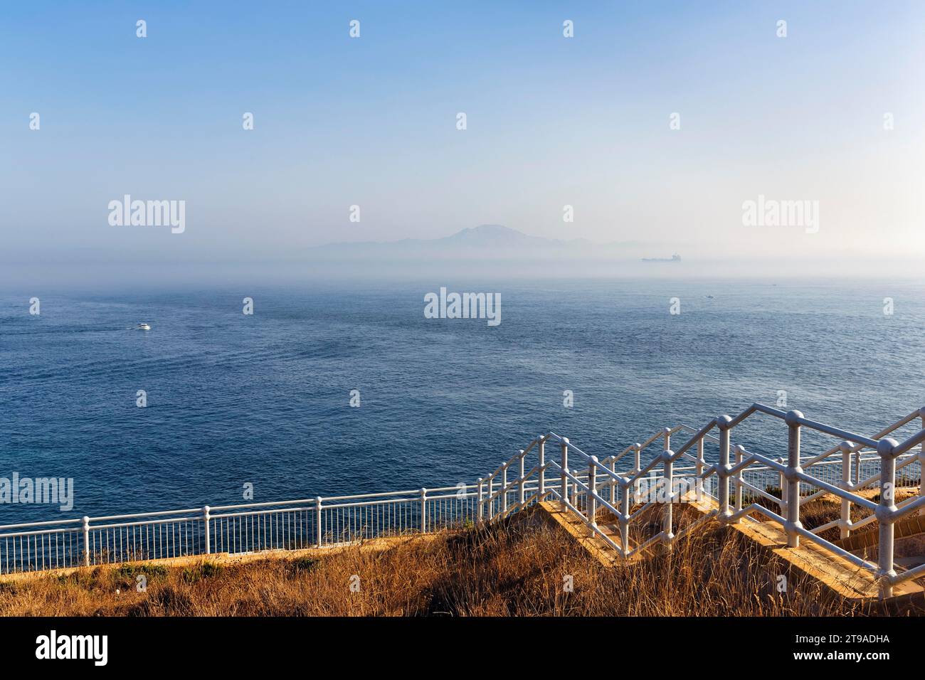 View from Europa Point viewing platform in the haze, coast of Morocco ...