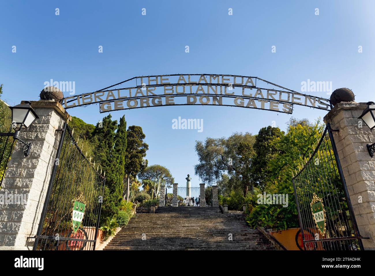 Entrance gate with steps and lettering, La Alameda Botanical Gardens ...