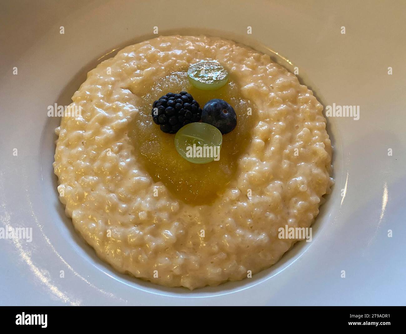 Rice porridge with apple sauce, fruit, in a plate, North Sea island of ...