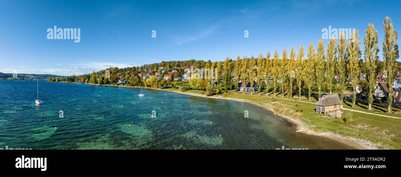 Aerial panorama of the village of Wangen on the Hoeri peninsula, Lake ...
