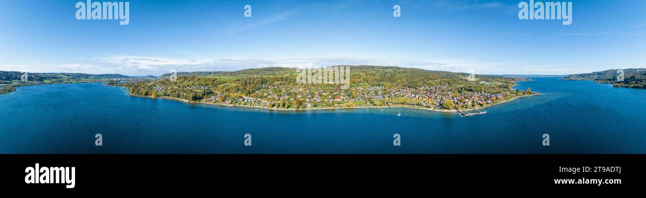 Aerial panorama of the Hoeri peninsula with the village of Wangen ...