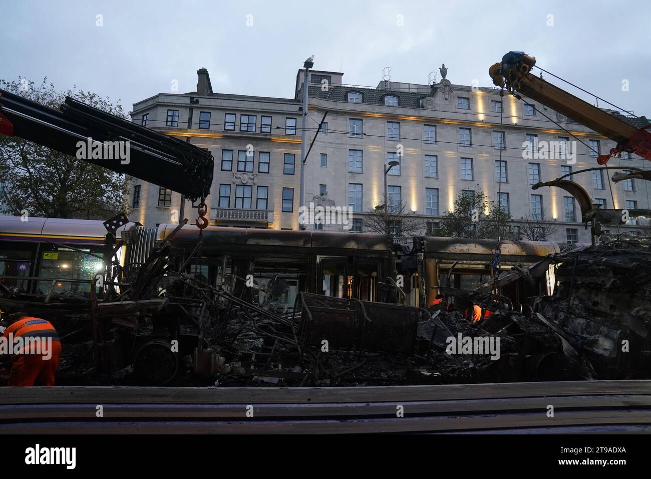 A burned out Luas on O'Connell Street in Dublin, in the aftermath of ...