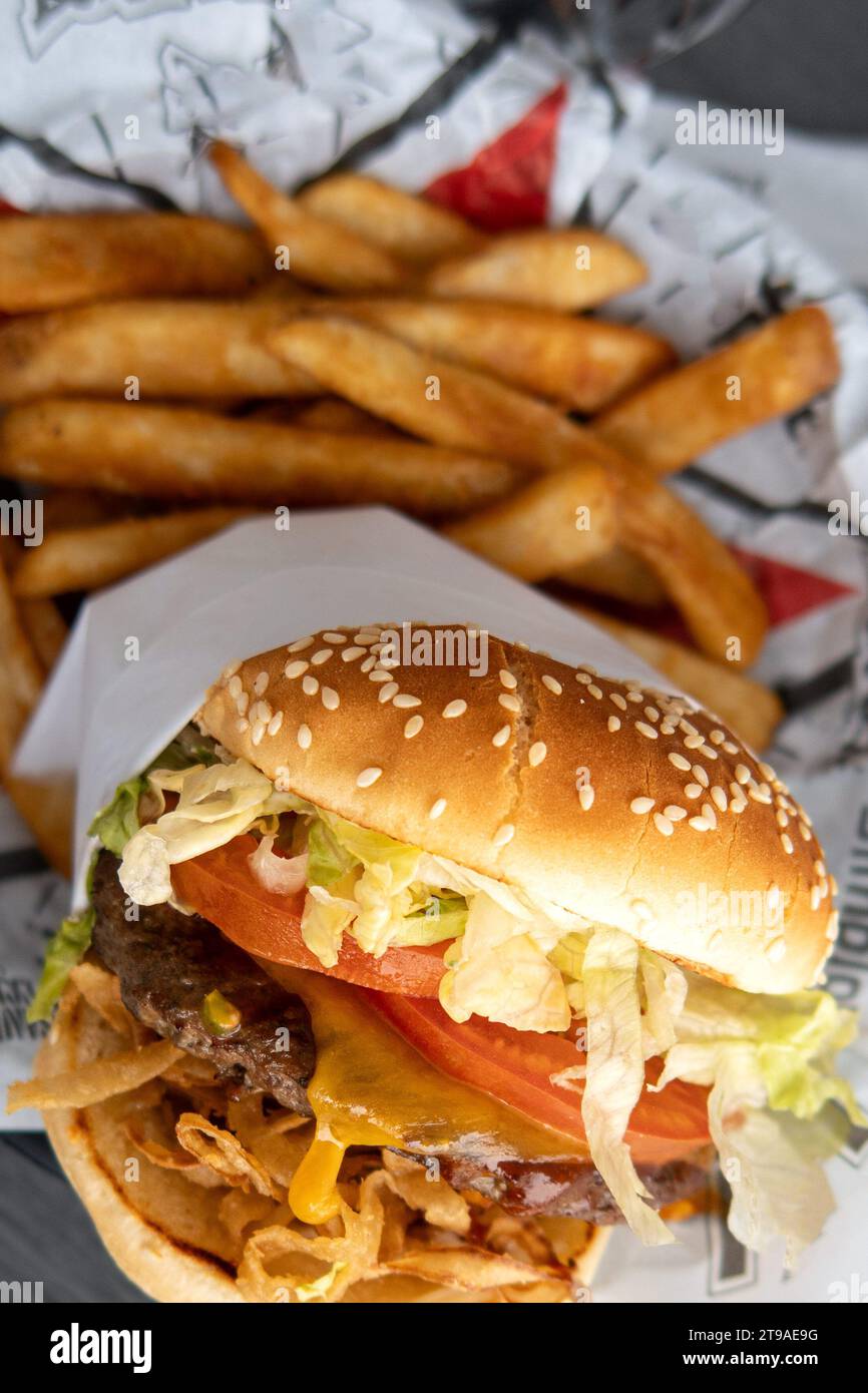 Indulge in the delectable world of fast food with a juicy hamburger ...