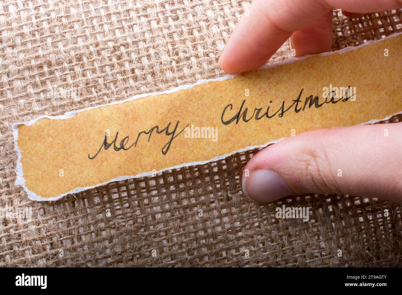 Merry Christmas wording written on a torn paper in hand Stock Photo - Alamy