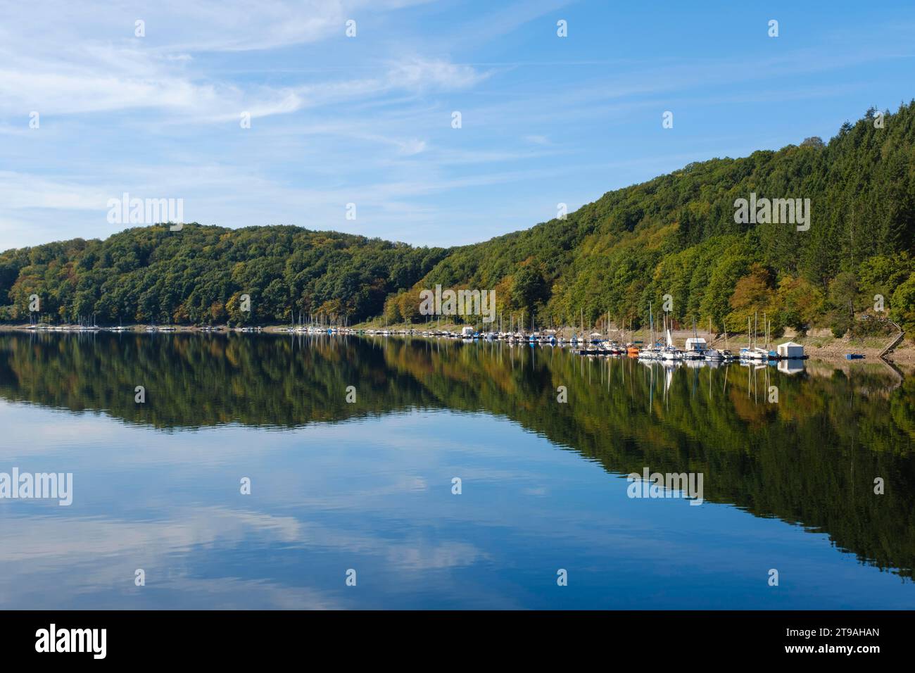 Landscape at Lake Rursee, Eifel National Park, North Rhine-Westphalia ...