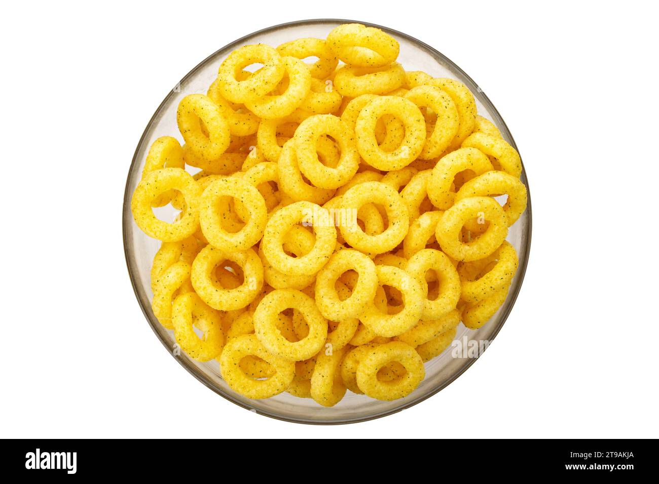 Corn rings in a bowl isolated on a white background. Cereal puffs with ...