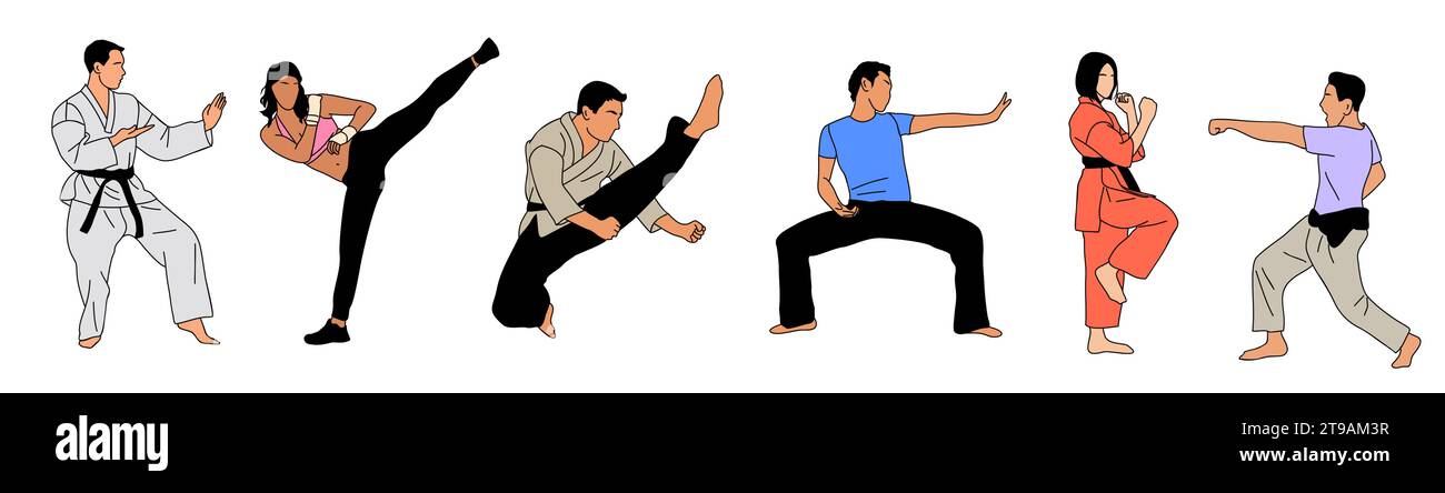 Martial art training male, female characters set Stock Vector Image ...