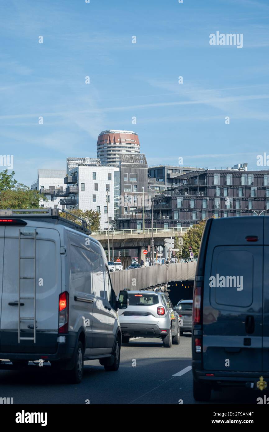 Driving in heavy traffic on ring road of capital of France, traffic jam ...