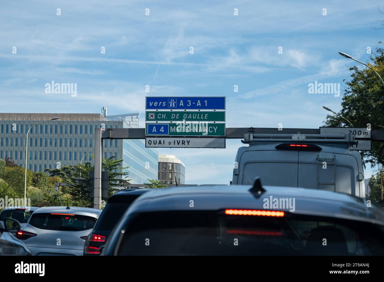 Driving in heavy traffic on ring road of capital of France, traffic jam ...
